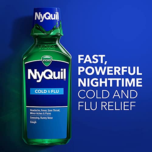 Vicks NyQuil Cold and Flu Relief Liquid Medicine, Powerful Multi-Symptom Nighttime Relief For Headache, Fever, Sore Throat, Minor Aches And Pains, Sneezing, Runny Nose, and Cough, 8 FL OZ