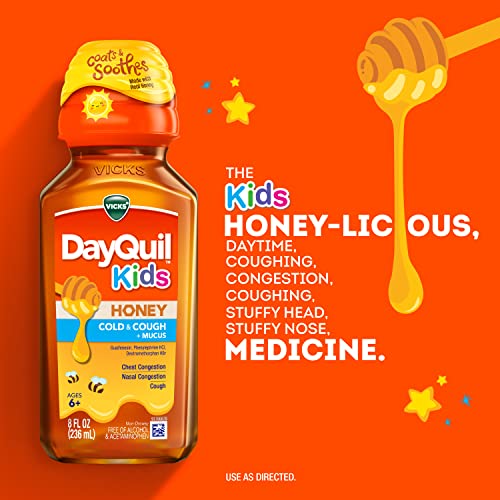 Vicks DayQuil Kids Cold and Cough + Mucus Relief Made with Real Honey for Kids 6+ Tastes Great 8oz