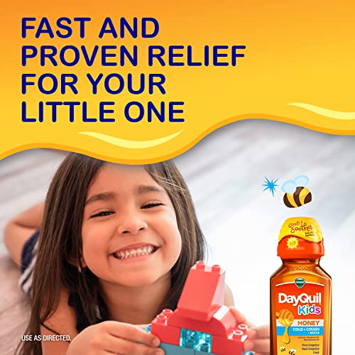 Vicks DayQuil Kids Cold and Cough + Mucus Relief Made with Real Honey for Kids 6+ Tastes Great 8oz