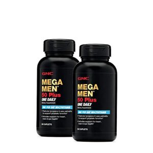 gnc mega men 50 plus one daily multivitamin, twin pack, 60 caplets per bottle, supports heart, brain and eye health