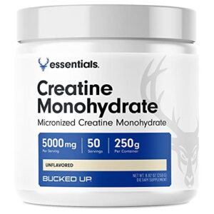 bucked up creatine monohydrate 250 grams micronized powder, essentials (50 servings)