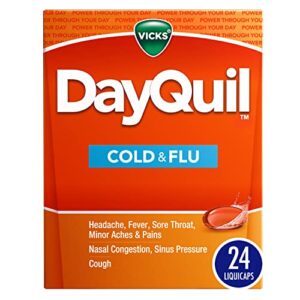 vicks dayquil cold & flu medicine, non-drowsy powerful multi-symptom daytime relief for headache, fever, sore throat, minor aches and pains, nasal congestion, sinus pressure and cough, 24 liquicaps