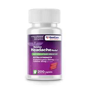 GenCare - Tension Headache Relief Pain Reliever with Acetaminophen 500 mg and Caffeine 65 mg (200 Caplets) Value Pack | Extra Strength for Head and Body Aches