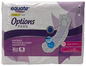 equate options maximum absorbency long length pads, 72 count