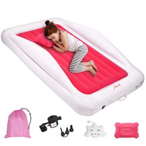 inflatable toddler travel bed with electric pump, leakproof air mattress w/ reinforced protective bumpers, includes carry case and pillow, fits kids up to 4ft tall, ideal for camping & sleepovers