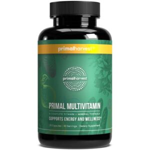 primal harvest multivitamin for women and men vitamin a, vitamin c, vitamin d and e, vitamin b12, b6, biotin, zinc supplements, 30 capsules