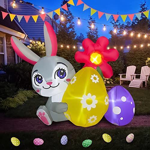 BLOWOUT FUN 5ft Inflatable Easter Bunny with Flower and Egg Decoration, LED Lighted for Indoor Outdoor Blow Up Lawn Yard Decor