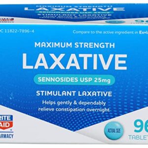 Rite Aid Maximum Strength Laxative, Sennosides USP Tablets, 25 mg, 96 Count | Constipation Relief Laxative Extra Strength | Overnight Fast Acting Laxative | Fiber Supplement & Stool Softeners Softgels