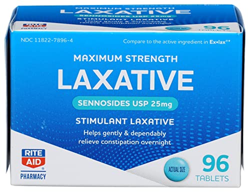 Rite Aid Maximum Strength Laxative, Sennosides USP Tablets, 25 mg, 96 Count | Constipation Relief Laxative Extra Strength | Overnight Fast Acting Laxative | Fiber Supplement & Stool Softeners Softgels