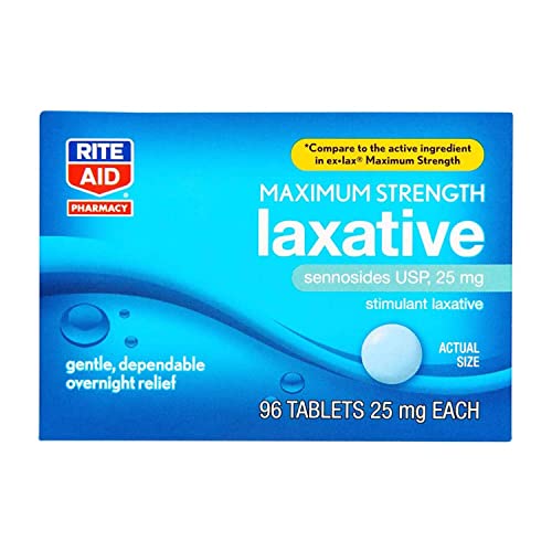 Rite Aid Maximum Strength Laxative, Sennosides USP Tablets, 25 mg, 96 Count | Constipation Relief Laxative Extra Strength | Overnight Fast Acting Laxative | Fiber Supplement & Stool Softeners Softgels