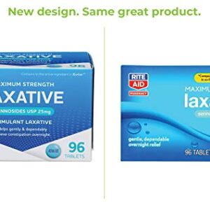 Rite Aid Maximum Strength Laxative, Sennosides USP Tablets, 25 mg, 96 Count | Constipation Relief Laxative Extra Strength | Overnight Fast Acting Laxative | Fiber Supplement & Stool Softeners Softgels