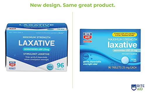 Rite Aid Maximum Strength Laxative, Sennosides USP Tablets, 25 mg, 96 Count | Constipation Relief Laxative Extra Strength | Overnight Fast Acting Laxative | Fiber Supplement & Stool Softeners Softgels