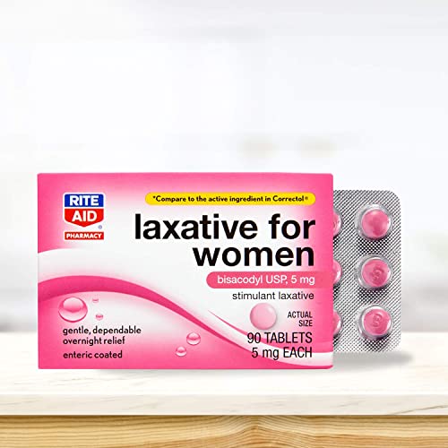 Rite Aid Women's Stimulant Laxative Tablets, Bisacodyl USP, 5 mg - 90 Count | Constipation Relief | Coated for Easy Swallowing | Laxatives for Constipation for Women | Women Health | Stool Softener