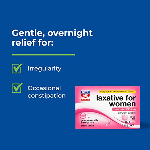 Rite Aid Women's Stimulant Laxative Tablets, Bisacodyl USP, 5 mg - 90 Count | Constipation Relief | Coated for Easy Swallowing | Laxatives for Constipation for Women | Women Health | Stool Softener