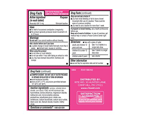 Rite Aid Women's Stimulant Laxative Tablets, Bisacodyl USP, 5 mg - 90 Count | Constipation Relief | Coated for Easy Swallowing | Laxatives for Constipation for Women | Women Health | Stool Softener