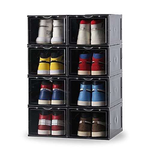 Clemate Shoe Storage Box,Set of 8,Shoe Box Clear Plastic Stackable,Drop Front Shoe Box with Lids,Shoe Organizer and Shoe Containers For Men/Women,Easy Assembly,Fit up to US Size12