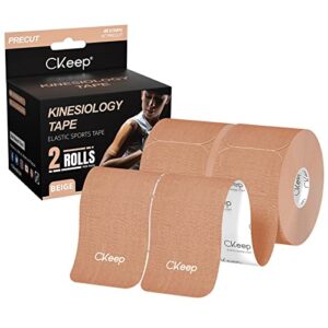 ckeep kinesiology tape (2 rolls), original cotton elastic premium athletic tape,33 ft 40 precut strips in total,hypoallergenic and waterproof k tape for muscle pain relief and joint support