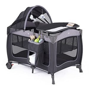 pamo babe portable baby nursery center baby playard, foldable baby crib with changing table & wheels(grey)