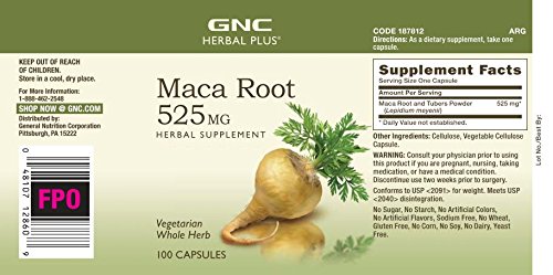 GNC Herbal Plus Maca Root 525mg, 100 Capsules, Supports Vitality