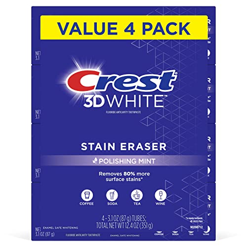 Crest 3D White Stain Eraser Teeth Whitening Toothpaste, Polishing Mint, 3.1 oz, Pack of 4