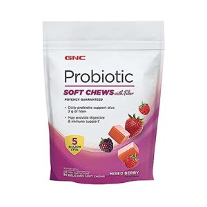 gnc probiotic soft chews with fiber – mixed berry, 30 chews, supports digestive and immune health