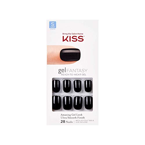 KISS Gel Fantasy Ready-to-Wear Press-On Gel Nails, “Aim High”, Short, Black, Nail Kit with 24 Mega Adhesive Tabs, Pink Gel Glue, Manicure Stick, Mini File, and 28 Fake Nails