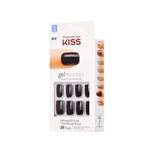 KISS Gel Fantasy Ready-to-Wear Press-On Gel Nails, “Aim High”, Short, Black, Nail Kit with 24 Mega Adhesive Tabs, Pink Gel Glue, Manicure Stick, Mini File, and 28 Fake Nails