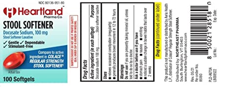 Heartland Pharma Docusate Sodium 100mg Laxatives Stool Softener Softgel - Regular Strength Stool Softener - Actual Size - Gentle, Dependable, and Stimulant-Free - (100 Count)