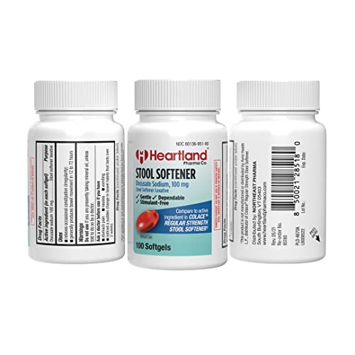 Heartland Pharma Docusate Sodium 100mg Laxatives Stool Softener Softgel - Regular Strength Stool Softener - Actual Size - Gentle, Dependable, and Stimulant-Free - (100 Count)