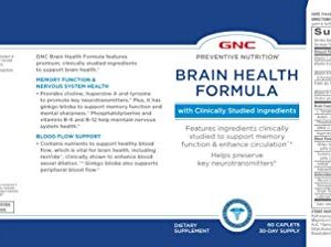 GNC Preventive Nutrition Brain Health Formula, 60 Caplets, Supports Memory Function and Enhances Circulation