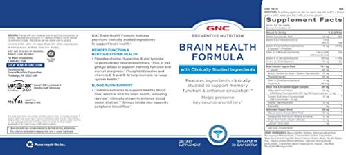 GNC Preventive Nutrition Brain Health Formula, 60 Caplets, Supports Memory Function and Enhances Circulation