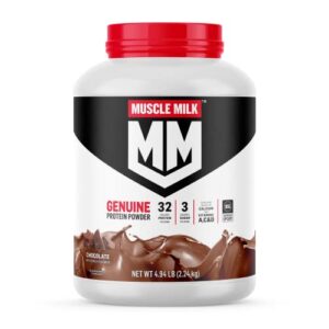 muscle milk genuine protein powder, chocolate, 4.94 pound, 32 servings, 32g protein, 2g sugar, calcium, vitamins a, c & d, nsf certified for sport, energizing snack, packaging may vary