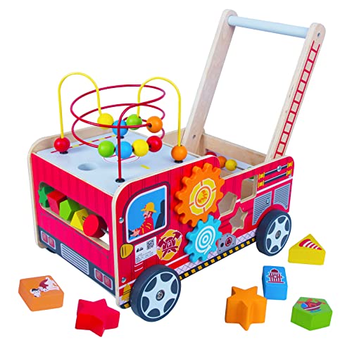 KIDS TOYLAND Wooden Baby Walker with Bead Maze for 1 Year Old and up, Wooden Push Toy for 12 Month, Wooden Cart with Blocks