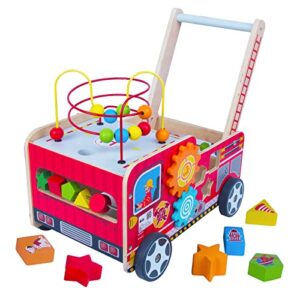 KIDS TOYLAND Wooden Baby Walker with Bead Maze for 1 Year Old and up, Wooden Push Toy for 12 Month, Wooden Cart with Blocks