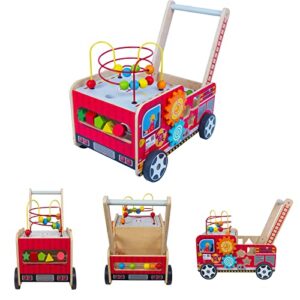 KIDS TOYLAND Wooden Baby Walker with Bead Maze for 1 Year Old and up, Wooden Push Toy for 12 Month, Wooden Cart with Blocks