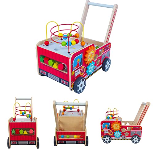 KIDS TOYLAND Wooden Baby Walker with Bead Maze for 1 Year Old and up, Wooden Push Toy for 12 Month, Wooden Cart with Blocks