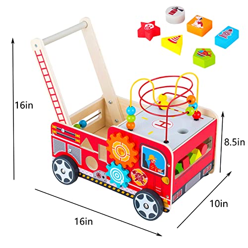 KIDS TOYLAND Wooden Baby Walker with Bead Maze for 1 Year Old and up, Wooden Push Toy for 12 Month, Wooden Cart with Blocks