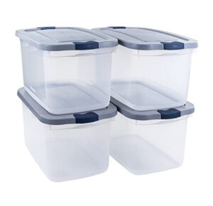 rubbermaid roughneck clear 66 qt/16.5 gal storage containers, pack of 4 with latching grey lids, visible base, sturdy and stackable, great for storage and organization