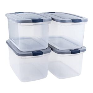 Rubbermaid Roughneck Clear 66 Qt/16.5 Gal Storage Containers, Pack of 4 with Latching Grey Lids, Visible Base, Sturdy and Stackable, Great for Storage and Organization