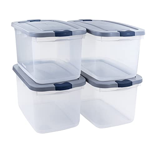 Rubbermaid Roughneck Clear 66 Qt/16.5 Gal Storage Containers, Pack of 4 with Latching Grey Lids, Visible Base, Sturdy and Stackable, Great for Storage and Organization