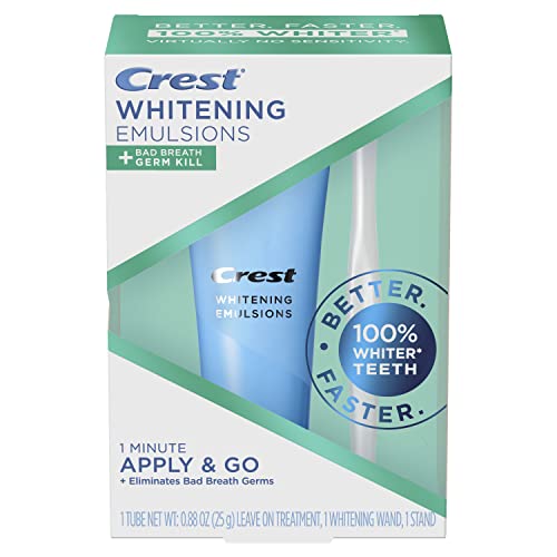 Crest Whitening Emulsions + Bad Breath Germ Kill Leave-On Teeth Whitening Gel Kit with Wand Applicator and Stand, Apply & Go, 0.88oz