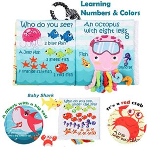 Fish Baby Books Toys, Touch and Feel Crinkle Soft Cloth Books for Babies,Toddlers,Infants,Kids Activity Early Education Toy, Shark Tails Teething Toys Teether Ring, Baby Book Octopus, Ocean Sea Animal