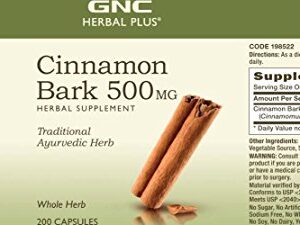 GNC Herbal Plus Cinnamon Bark 500mg, 200 Capsules, Traditional Ayurvedic Herb