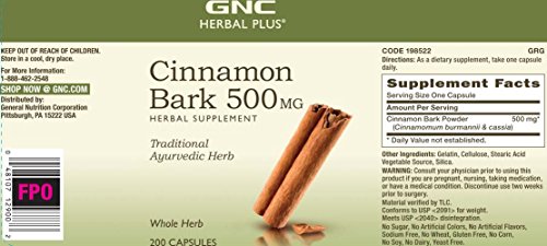 GNC Herbal Plus Cinnamon Bark 500mg, 200 Capsules, Traditional Ayurvedic Herb