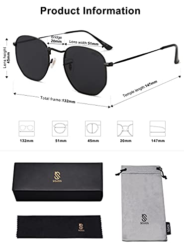 SOJOS Small Square Polarized Sunglasses for Men and Women Polygon Mirrored Lens SJ1072 with Black Frame/Grey Lens