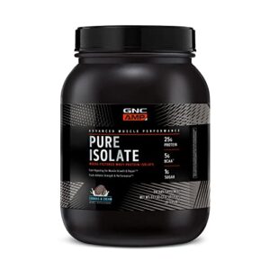 gnc amp pure isolate | fuels athletic strength, performance and muscle growth | fast absorbing | 25g whey protein iso with 5g bcaa | 28 servings | cookies & cream