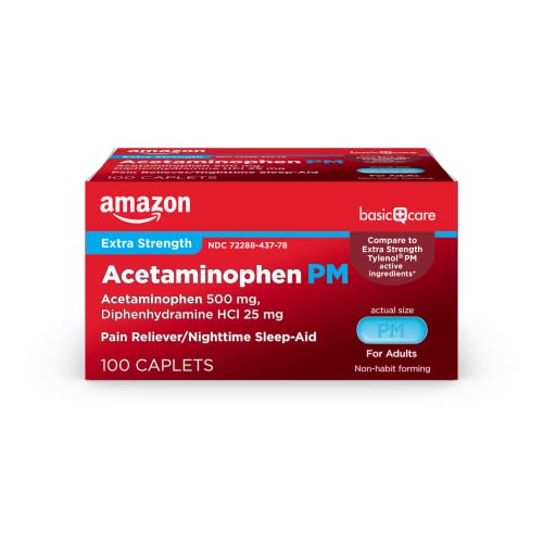 Amazon Basic Care Acetaminophen PM, Pain Reliever Plus Nighttime Sleep Aid, 100 Count