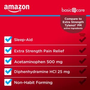 Amazon Basic Care Acetaminophen PM, Pain Reliever Plus Nighttime Sleep Aid, 100 Count