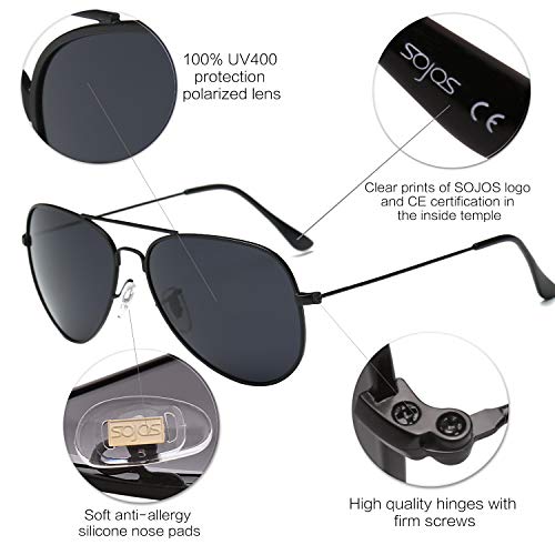 SOJOS Classic Aviator Polarized Sunglasses for Men Women Vintage Retro Style SJ1054,Black/Grey