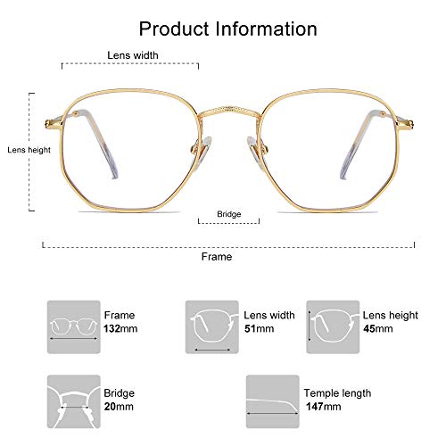 SOJOS Small Blue Light Blocking Glasses Hexagonal Eyeglasses Frame Anti Blue Ray Glasses One and Only SJ5036 with Gold Frame/Anti-Blue Light Lens